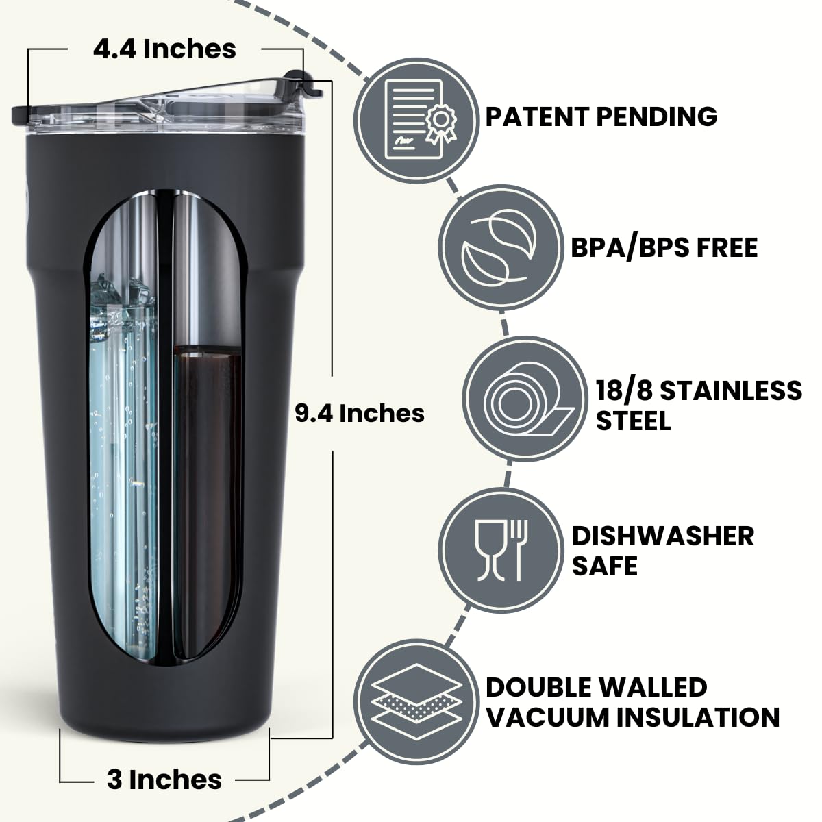 2-in-1 Hot & Cold Vacuum Insulated 30oz Tumblers, Stainless Steel Dual Chamber, Leak-Proof, BPA-Free, Fits Cup Holder, Travel Coffee Mug, Split Cup, 2 Drink, 2 Sides, Coffee & Water (Harper White)