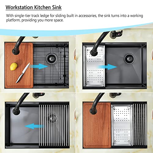 25 Inch Undermount Kitchen Sink Workstation, Jshozzy 25x19 Handmade Black 304 Stainless Steel Undermount Kitchen Sink with Offset Drain Deep Single Bowl Bar Prep Sink Basin