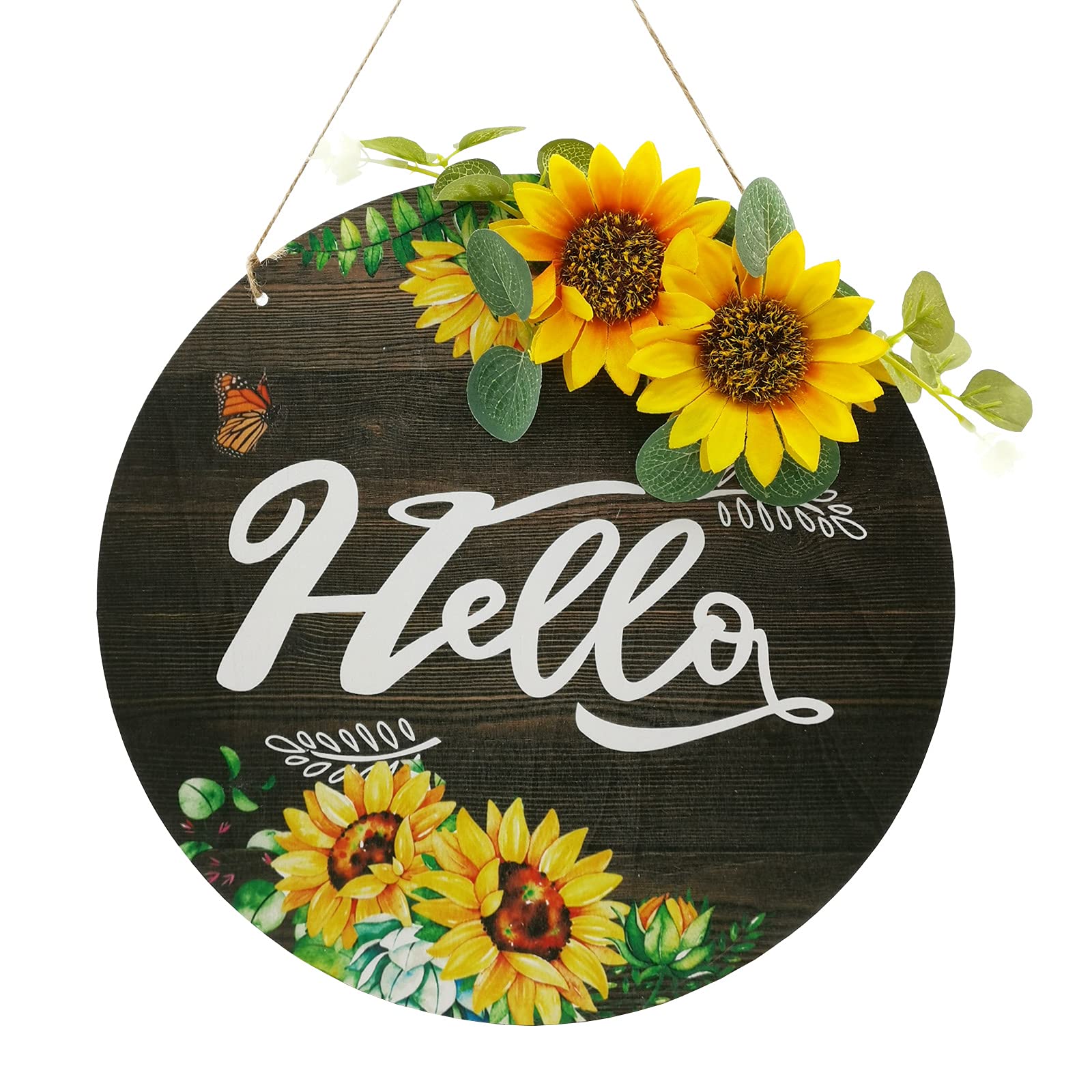 Autonomier Hello Welcome Wood Wall Hanging Sign, Colourful Sunflower Wooden Front Door Decor, Round Antique Wood Rustic Porch Decoration for Home Office Garden Farmhouse, 12 x 12 Inch(Brown)