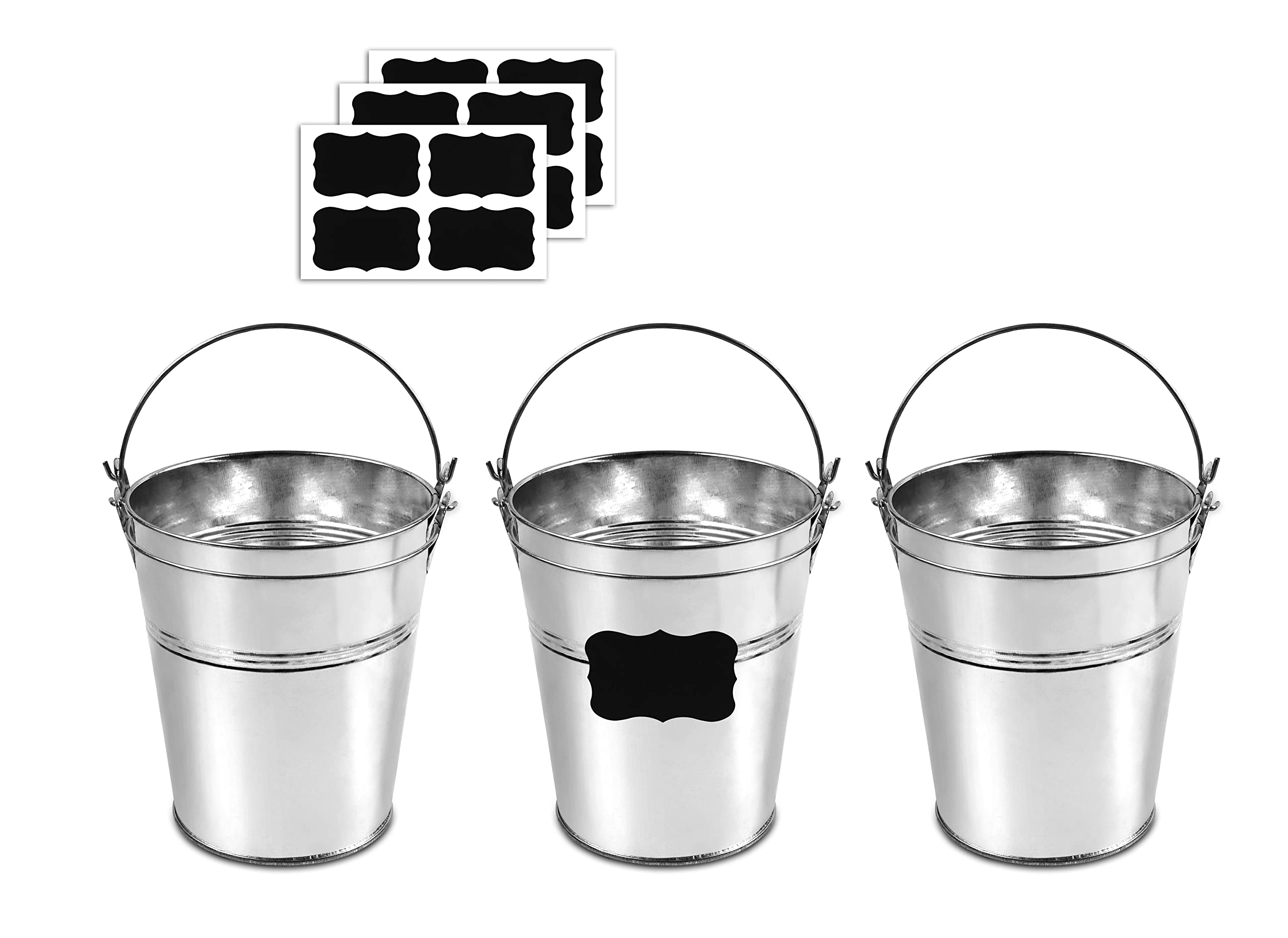 12 Metal Buckets with Chalkboard Stickers, Small Galvanized Pail for Party and Wedding, 5 Inch Tin Buckets, Garden Planters, (tie tong)