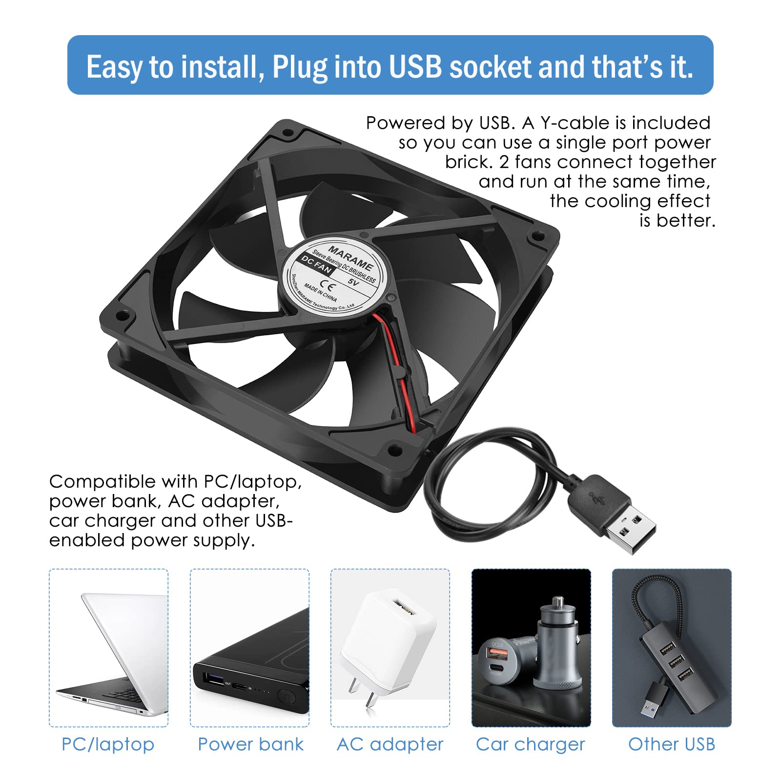 2-Pack 120mm USB Computer Fan with 1 Male to 2 Female Extension Cable with ON/Off Switch for Receiver DVR Playstation Xbox Computer Cabinet Cooling