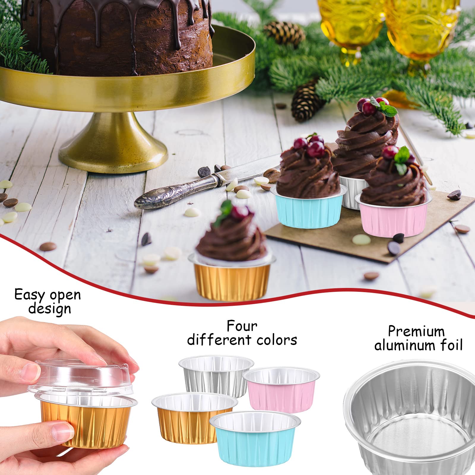 150 Pcs Cupcake Liners with Lids 5 oz Aluminum Foil Cupcake Baking Cups Disposable Ramekins Muffin Cups Mini Aluminum Pans with Lids Cupcake Holder for Creme Brulee or Cupcake(Gold Silver Pink Blue)