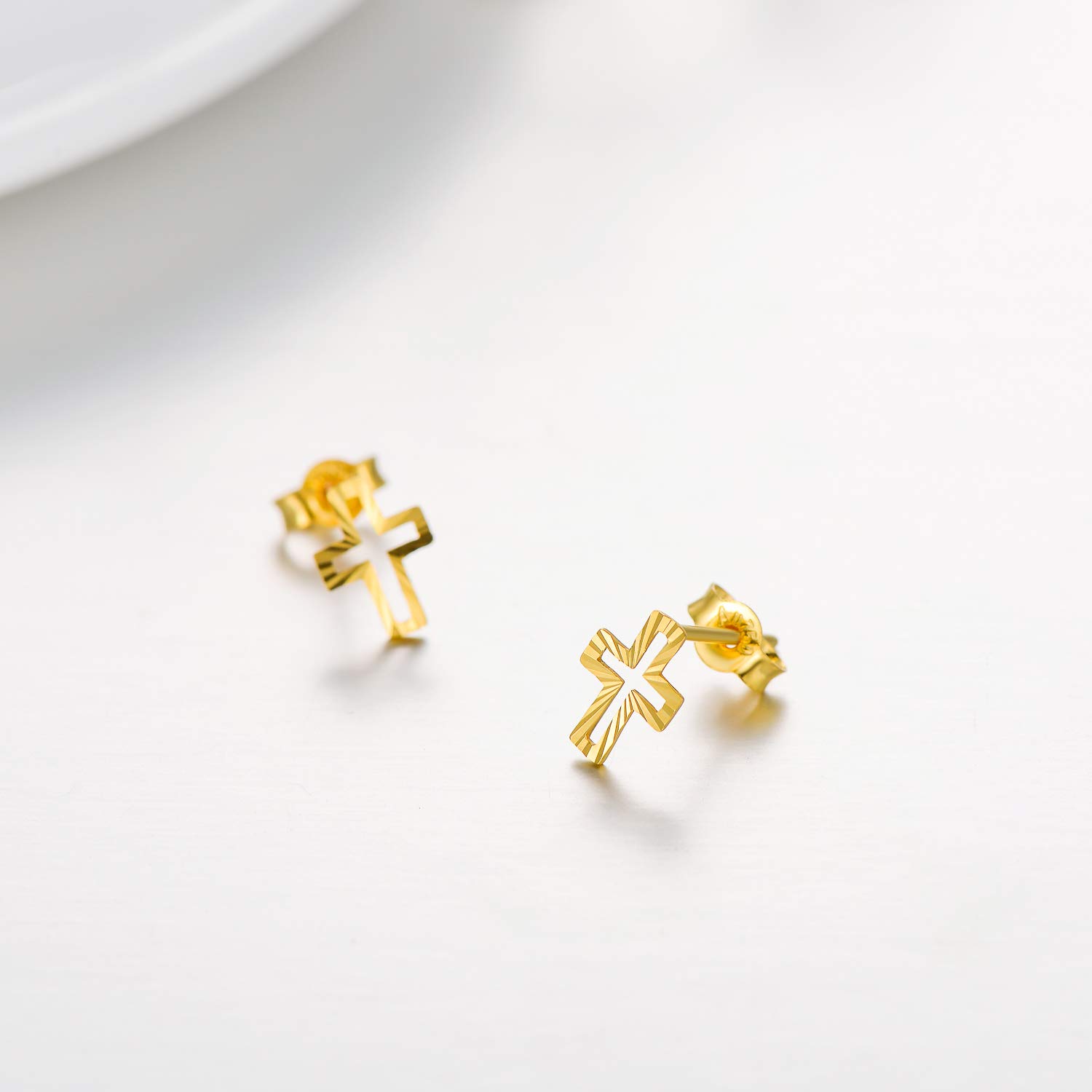 18kt Solid Gold Cross Stud Earrings for Women, Real Gold Diamond-cut Cross Post Studs Religious Blessing Jewelry Present 9mm