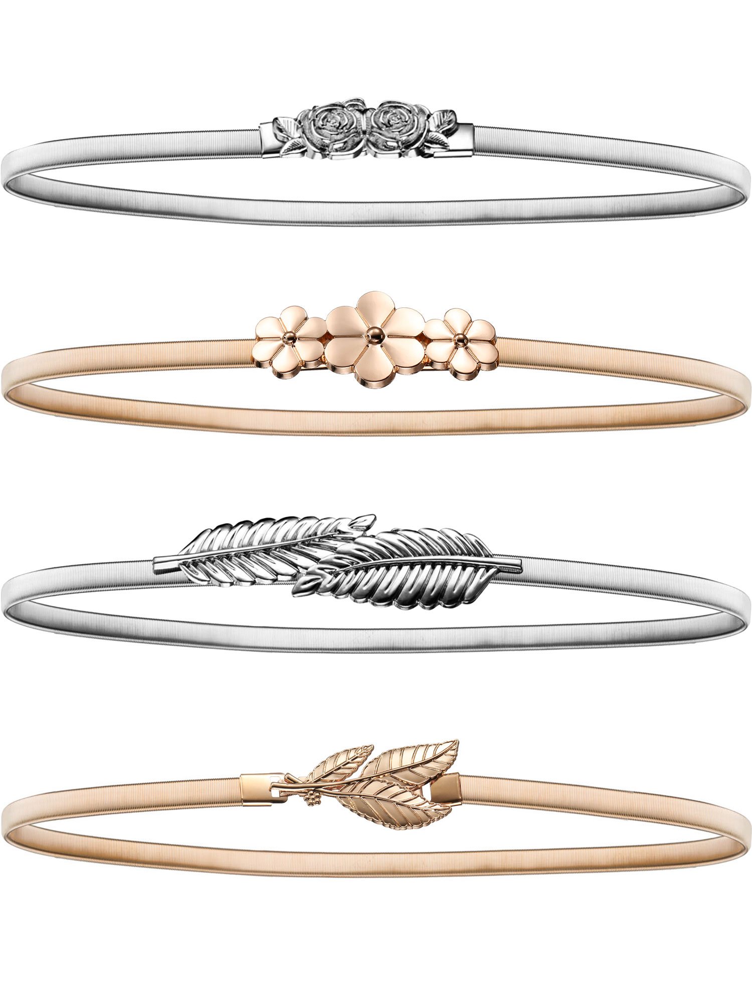 4 Pieces Women Elastic Waist Belt Stretch Metal Dress Belt for Women, Silver and Gold
