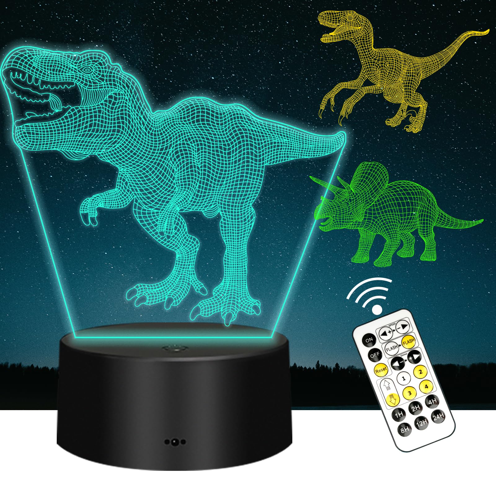 JURHHOEN 3D Dinosaur Night Light,3D Illusion Lamp 3-Pattern & 16 Colors Change Decor Nightlight with Remote Control for Living Bed Room Bar, Best Dinosaur Toys Gifts for Boys Girls (3 Packs)