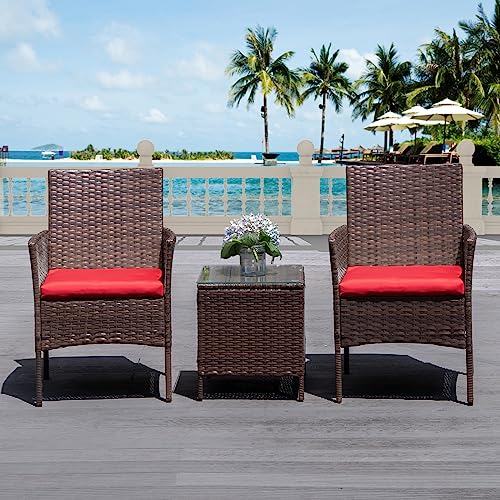 3 Pieces Patio Furniture Sets PE Rattan Wicker Chairs with Table Outdoor Garden Porch Furniture Sets Bistro Set Conversation Sets Garden Furniture for Yard Backyard Lawn Porch Poolside Balcony