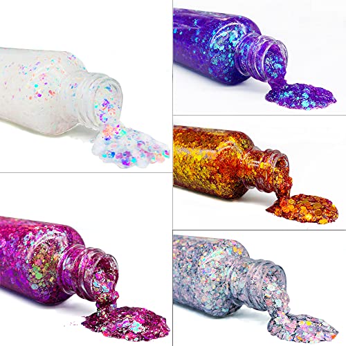 Body Face Glitter Gel SUPGIFT 5 Colors 7.8oz Holographic Chunky Chameleon Liquid Glitter Sequins Glue for Makeup Eyeshadow Hair Nail Slime Craft Resin with Spoon