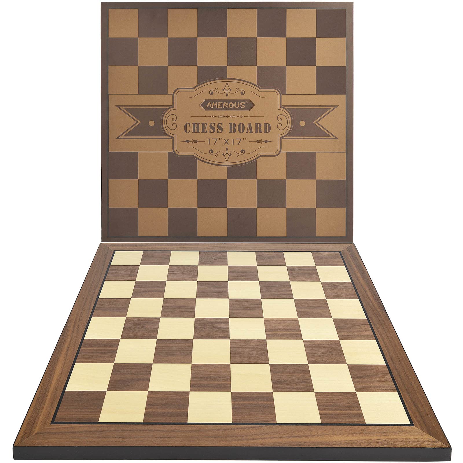 AMEROUS 17 Inches Wooden Chess Board Only, Professional Tournament Chess Board Large with Gift Package - Chess Rules, Beginner Chess Board Game for Kids, Adults