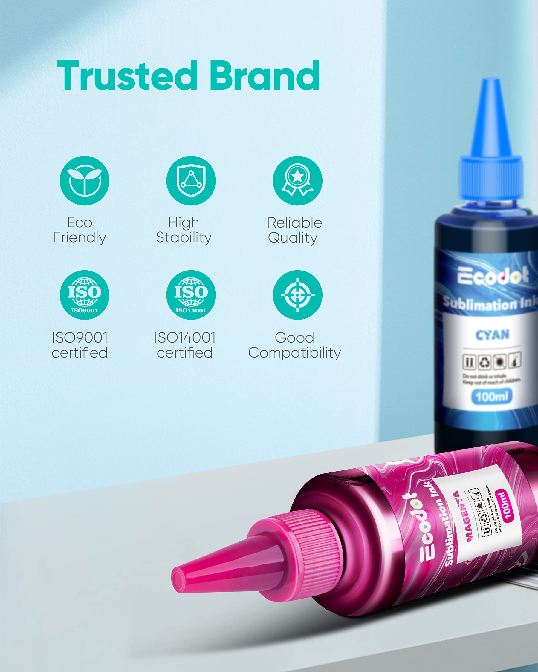 ecodot 400ML Sublimation Ink Refill for Epson WF7710 ET2720 ET4700 ET15000 ET2760 ET2750 WF7820 Inkjet Printers Heat Press Transfer on Plates, Mugs, Polyester Shirts, Phone Cases etc