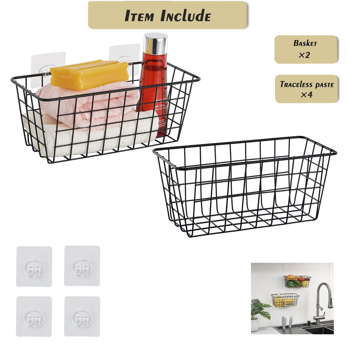 2 Pack Hanging Storage Basket, Bathroom Basket, Household Goods Storage Basket, with Traceless Tape, no Drilling, for Cabinet Storage, Kitchen, Bathroom, Storage Room (2 Black)