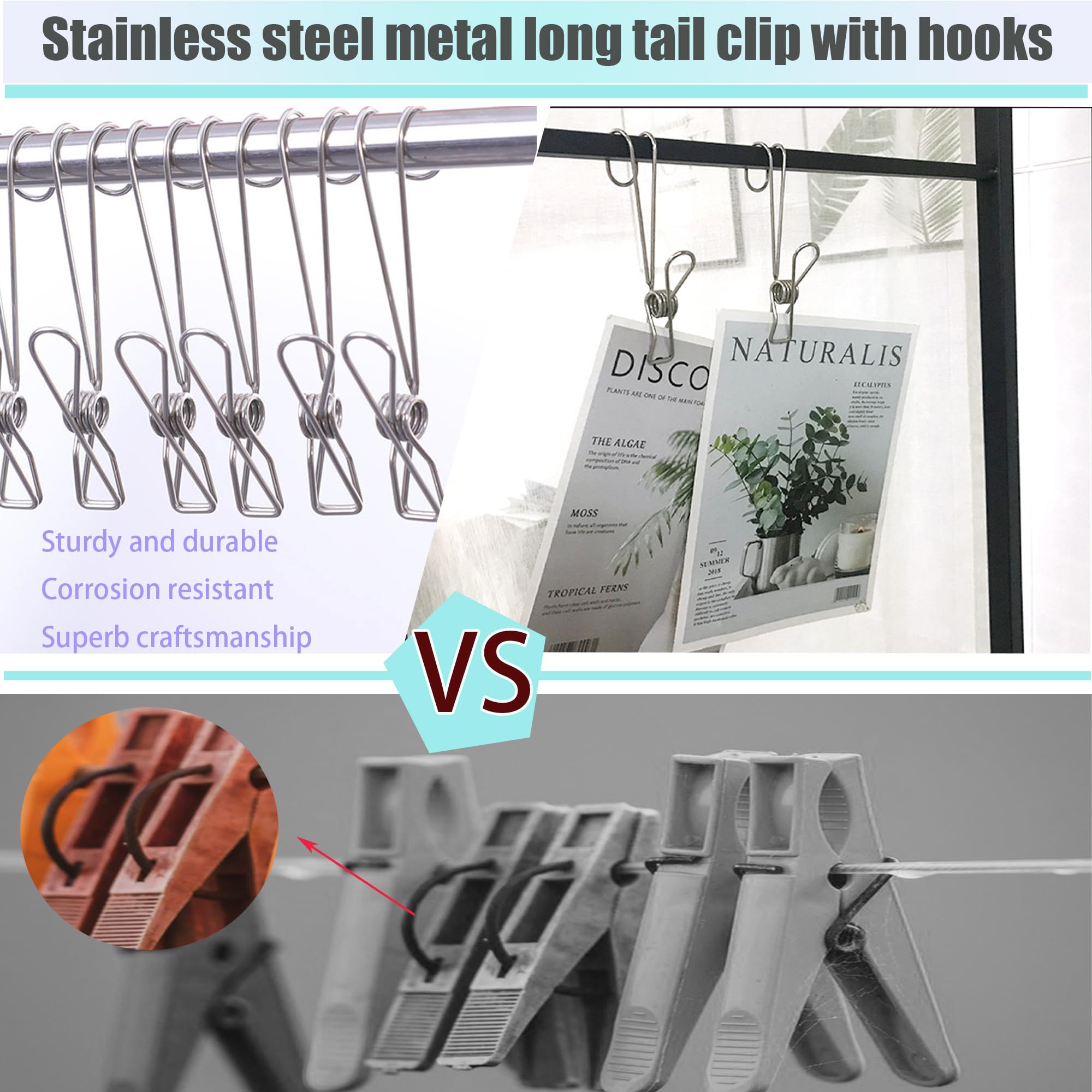 24Pcs Stainless Steel Metal Long Tail Clip with Hooks,Clips for Hanging- Ideal for Closet, Kitchen, Bathroom - Hang Photos, Cards, Stockings - Rust-304 Stainless Steel Clothes Pins