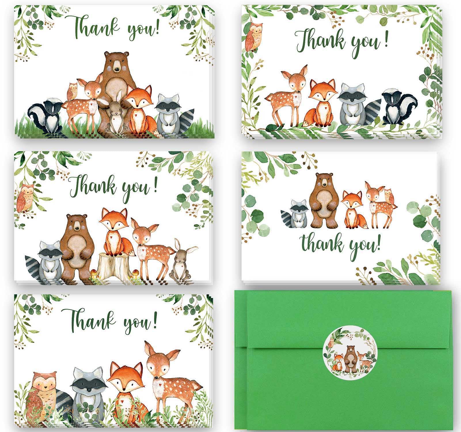 50 Woodland Thank You Cards, 4x6" Forest Animals Greenery Thank You Notes with Matching Green Envelopes & Stickers, Woodland Creatures Notecards Perfect for Woodland Baby Shower and Birthday Party