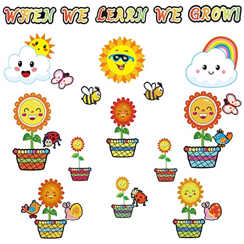 34 Pieces Spring Sunflower Classroom Bulletin Board Set Springtime Blooms Flowers Cutouts Colorful Butterfly Bee Bird Sun Clouds Cutouts When We Learn We Grow Bulletin Board Decor
