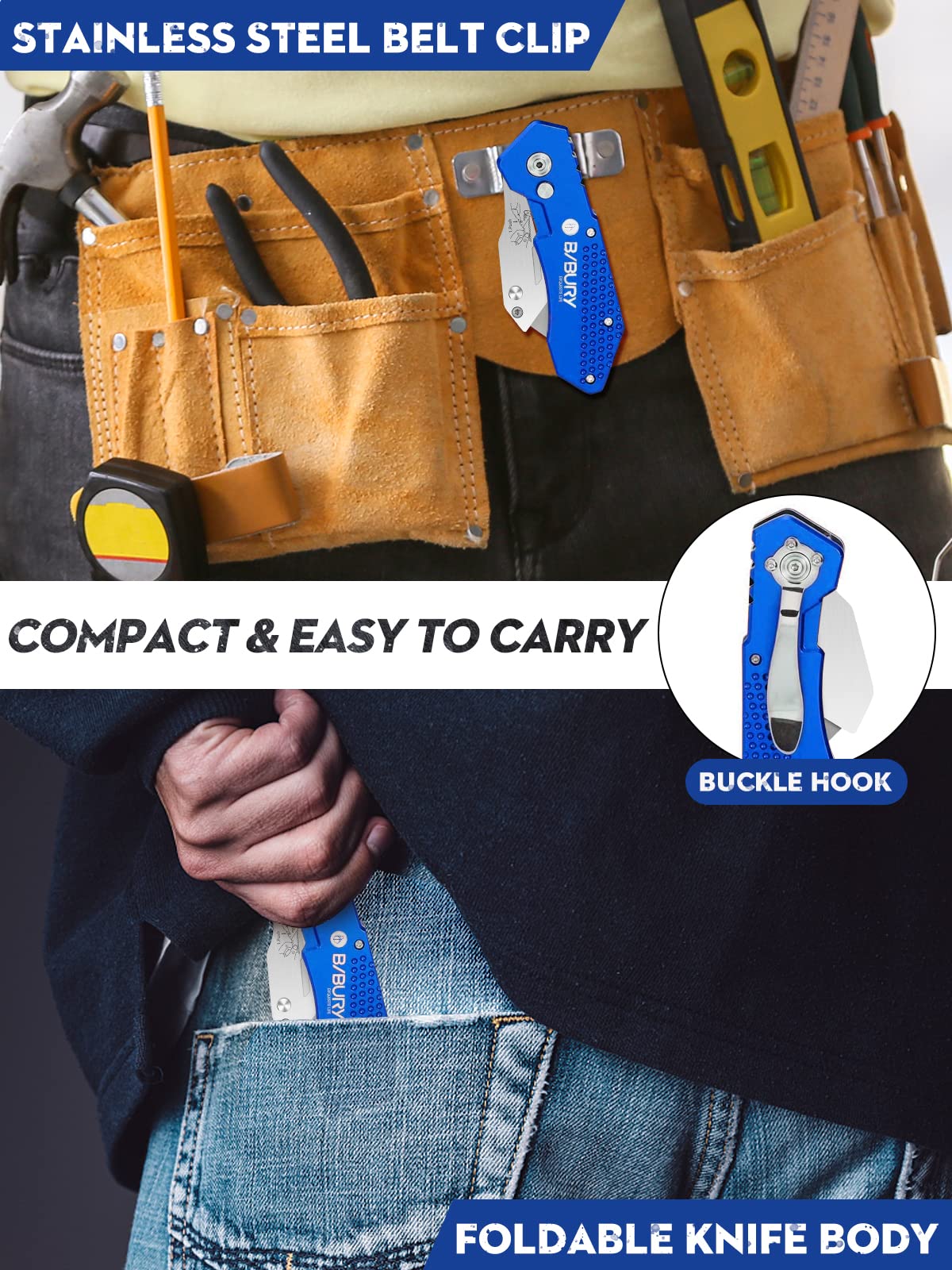 2 Pack BIBURY Utility Knife, Heavy Duty Folding Box Cutter, Pocket Carpet Knife with 20 Extra SK5 Stainless Steel Blades, Easy Release Button, Belt Clip, Quick Change, Blade Storage in Handle Design