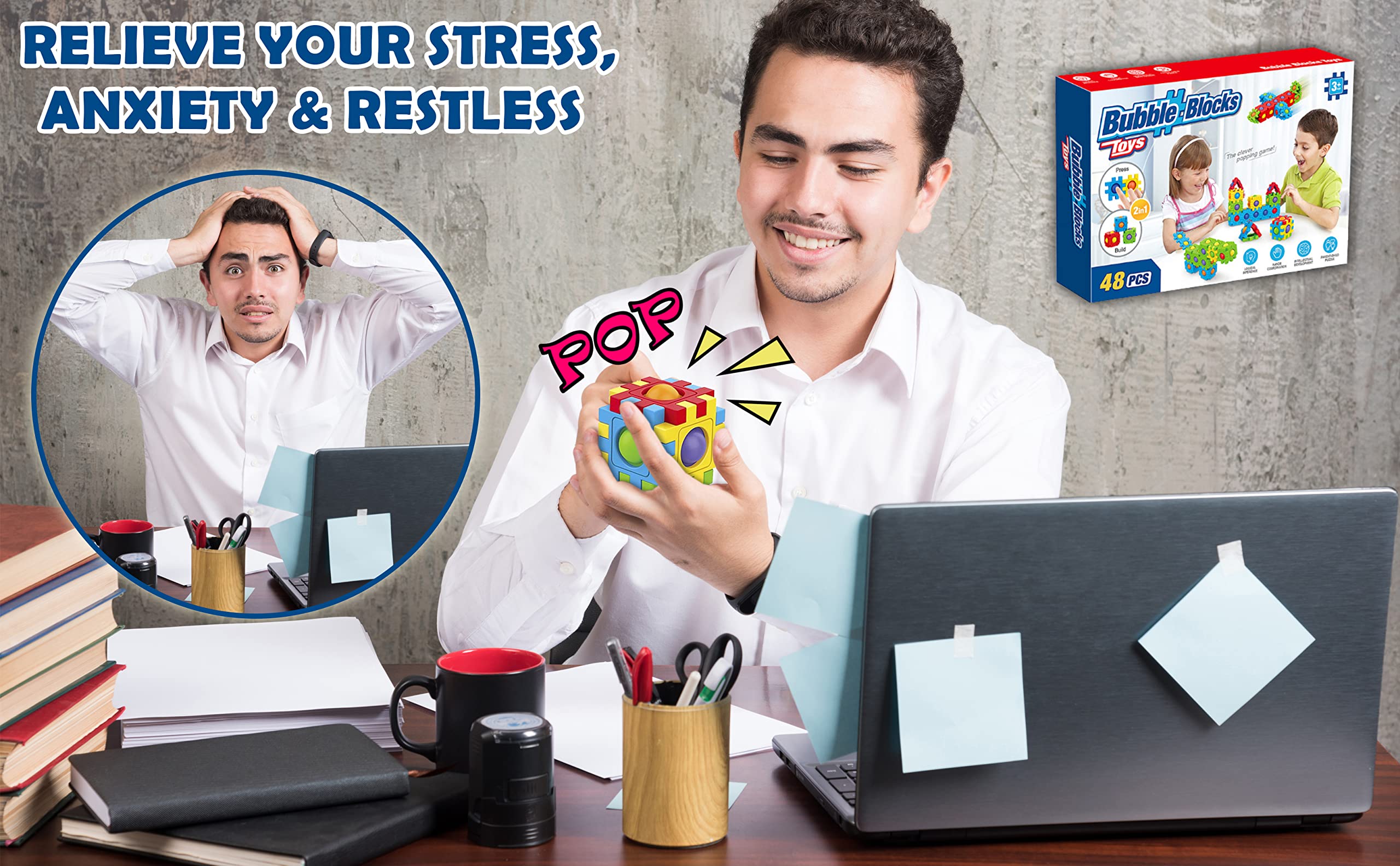 ATKSH 48 PCS Push Pop it Blocks, Sensory Fidget Toy, Stress Relief & Autism Sensory Toy for Children
