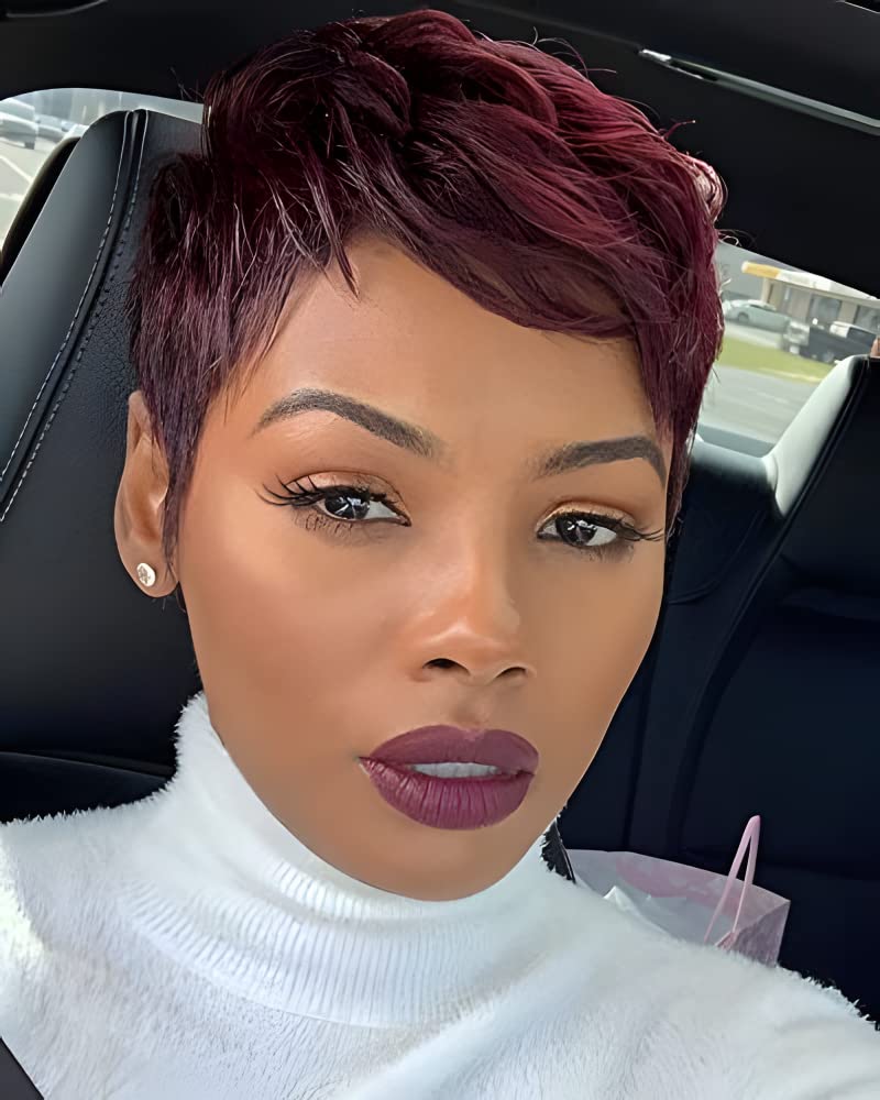 Qingcheng Synthetic Short Wavy Hair Wig, Short Pixie Cut Wig Wine Red Hair Wig Short Haircuts for for Black Women