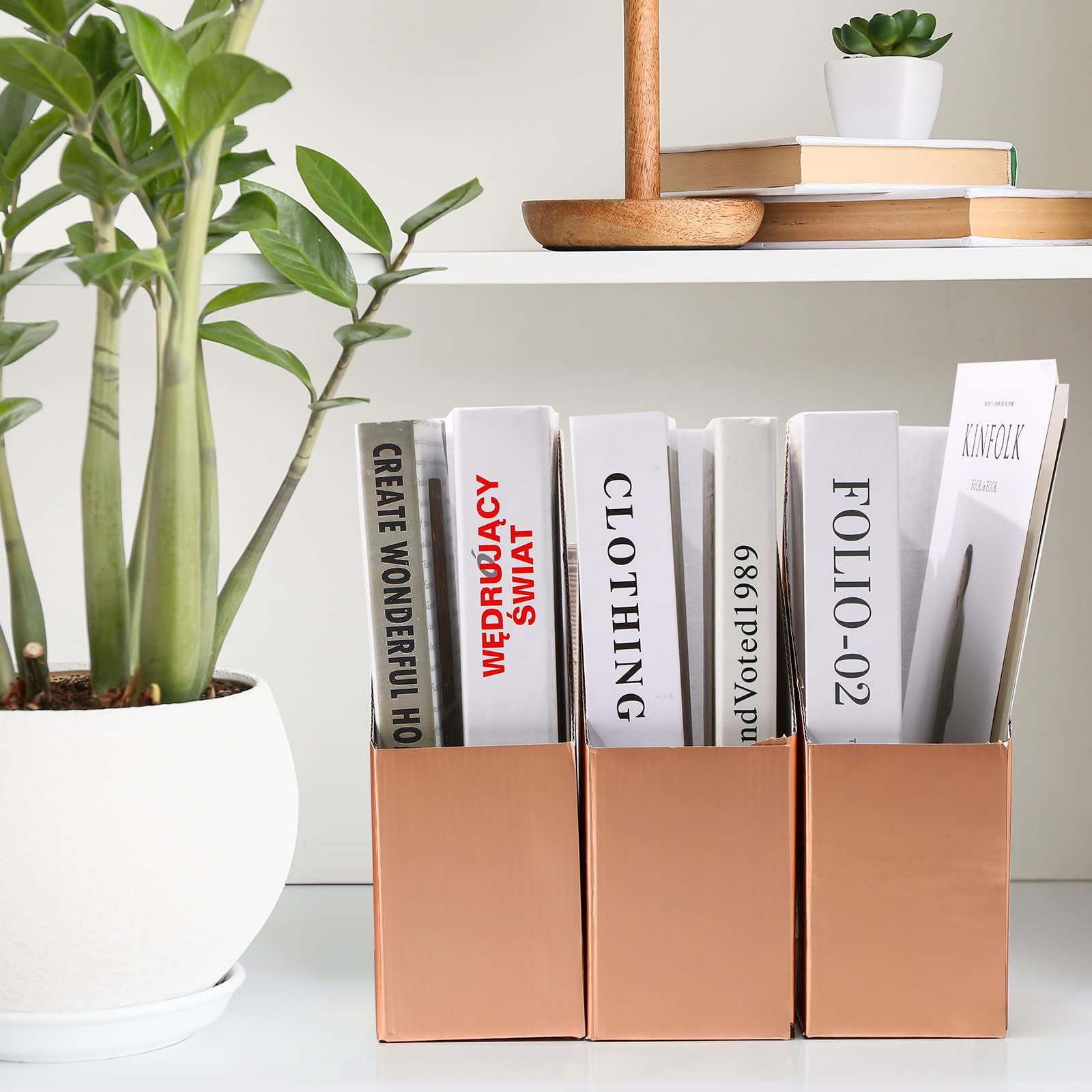15 Pack Rose Gold Magazine File Holders Foldable Document Storage Organizer Box Cardboard Magazine Holder Desk Organizer for Office School Hospital Home