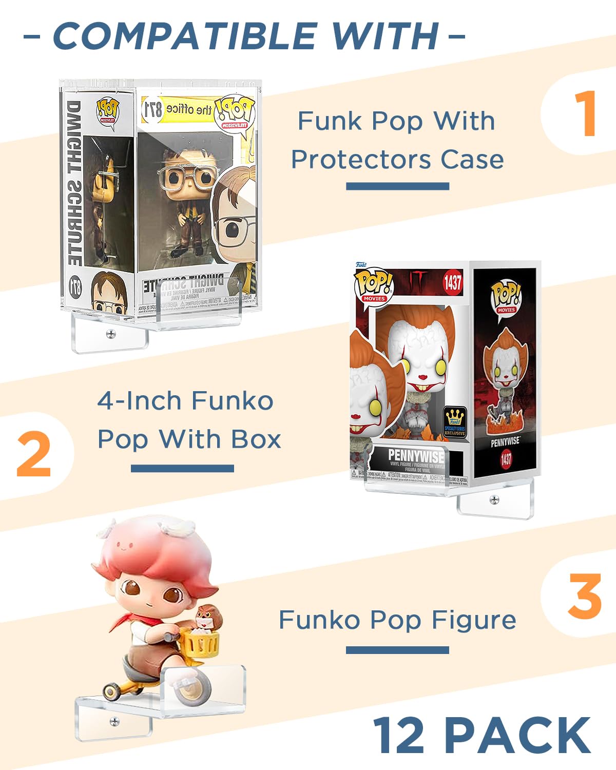 12-Pack Clear Acrylic Display Shelves for Funko Pop Shelves - Suitable for in-The-Box Figures with Soft Protector- Display Shelf for Funko- 4" Inch-Pop Wall Display