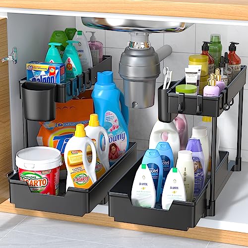 2 Pack Under Sink Organizers and Storage L-Shape 2 Tier Pull Out Sliding Drawer Narrow Space Storage Multipurpose Sliding Kitchen Cabinet Bathroom Organization Under Sink Cleaning Supply Organizer
