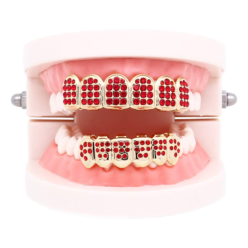 18K Gold Plated Iced Out CZ with Red Blue Pink Diamond Top and Bottom Grills for Your Teeth Men Women Hip Hop Jewelry