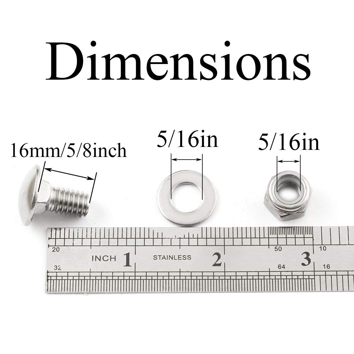 Pro Bamboo Kitchen 8 Sets Stainless Steel Carriage Bolt 5/16"-18 x 5/8 Carriage Bolts with 5/16 Nuts and Washers Self Locking Nonskid Nylon Lock Nut