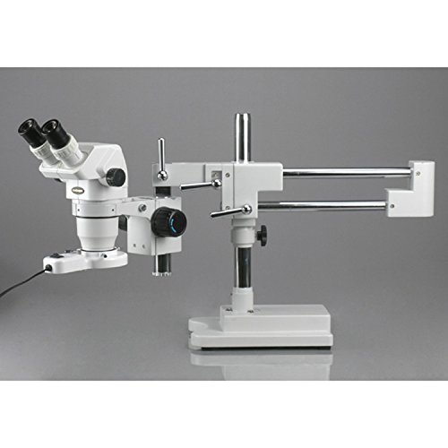 AmScope ZM-4B Professional Binocular Stereo Zoom Microscope, EW10x Eyepieces, 6.7X-45X Magnification, 0.67X-4.5X Zoom Objective, Ambient Lighting, Double-Arm Boom Stand