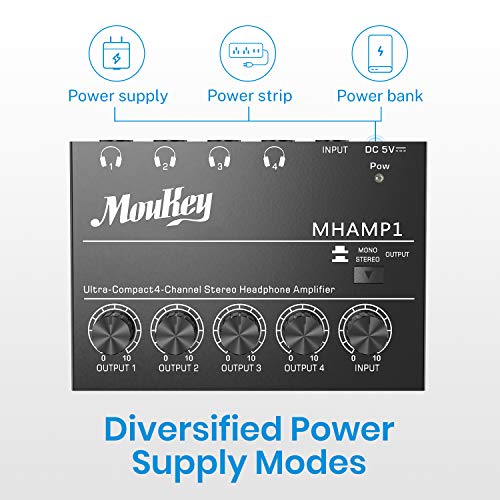 Moukey Headphone Amp Amplifier 4 Channels Metal Stereo Audio Amplifier,Mini Headphone amplifier portable - 4x Quarter Inch Balanced TRS Headphone Output and TRS Audio Input, DC5V Power Supply-MHAMP1
