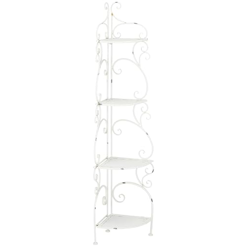 SAFAVIEH Outdoor Collection Turuca Antique White Wrought Iron 4-Tier Corner Shelf (Fully Assembled)