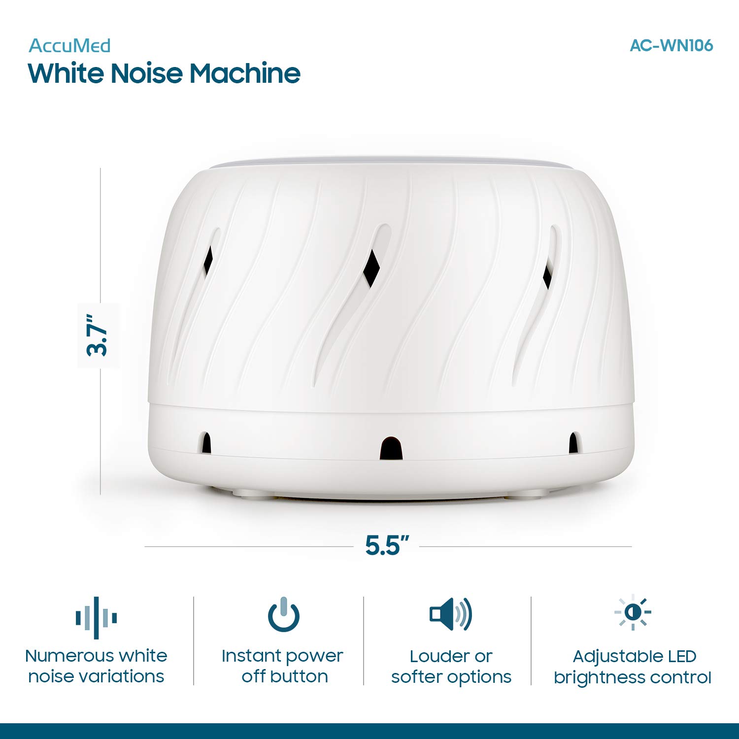 AccuMed White Noise Machine with Real Fan, Adjustable Volume, Non-Looping Sound Machine for Sleeping, Adults and Baby, Night Light, Privacy for Office, Sleep, Relaxation, Travel Portable (AC-WN106)