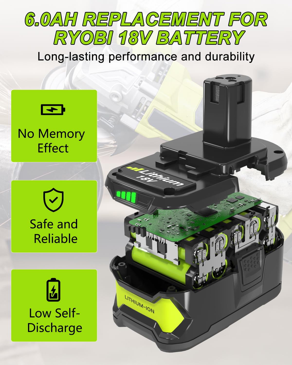 2Pack 6.0Ah Replacement for Ryobi 18V Battery and Charger Combo Replacement for Ryobi 18V Lithium P102 P103 P104 P105 P107 P109 P108 P190 P122 Cordless Tools Battery and P117 Charger