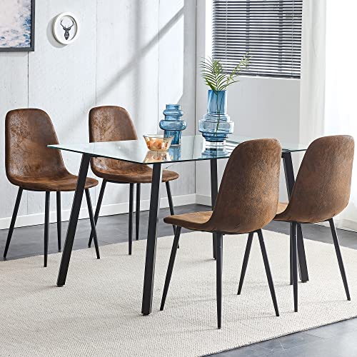 51" Glass Dining Table Set for 4, Small Rectangle Kitchen Room Table with 4 Brown Chairs, Modern Clear Tabletop with Black Metal Legs for Apartment Dining Room Kitchen Living Room