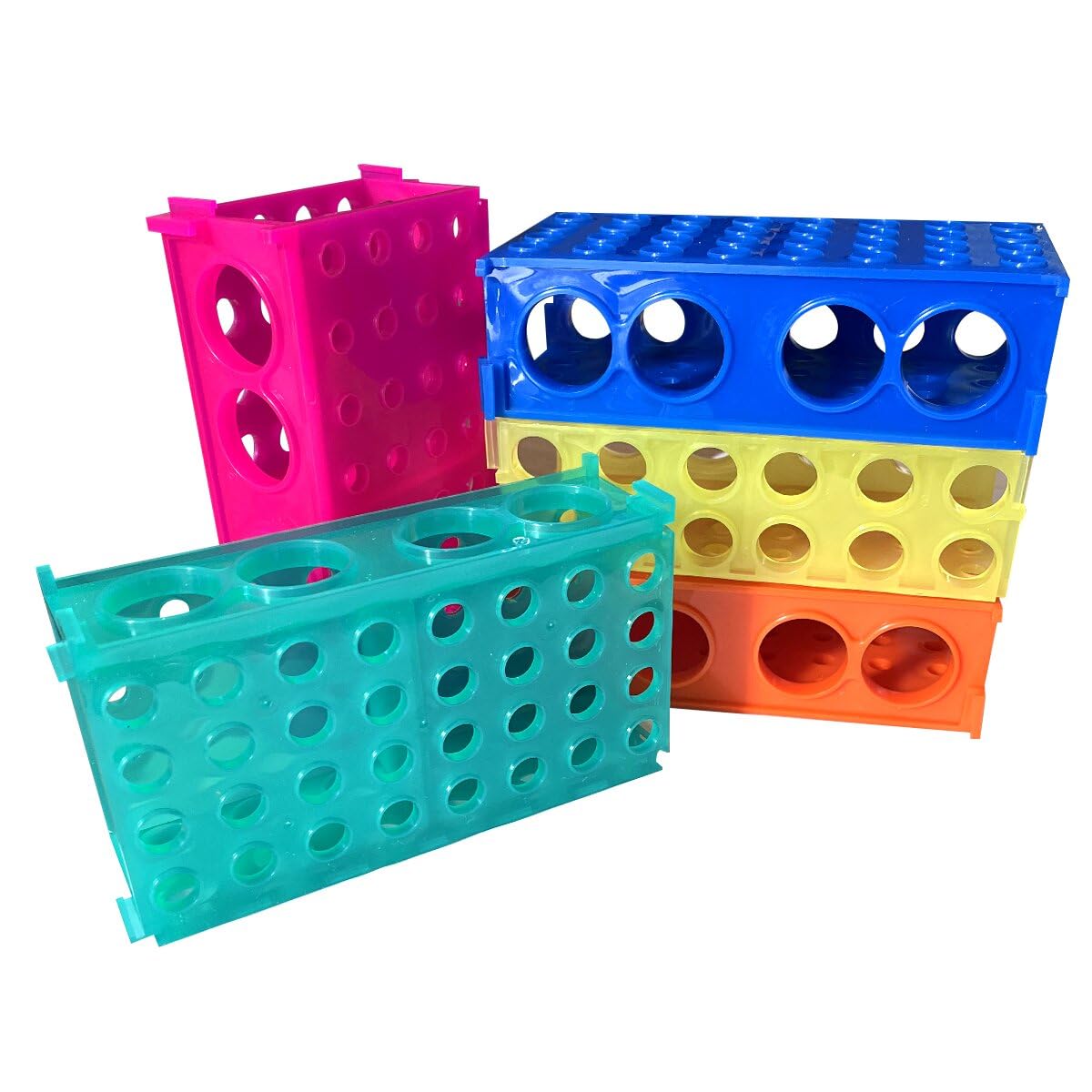 4-Way Plastic Test Tube Rack,Test Tube Holder with 5 Different Colors(Blue,Yellow,Orange,Pink,Green),Pack of 5