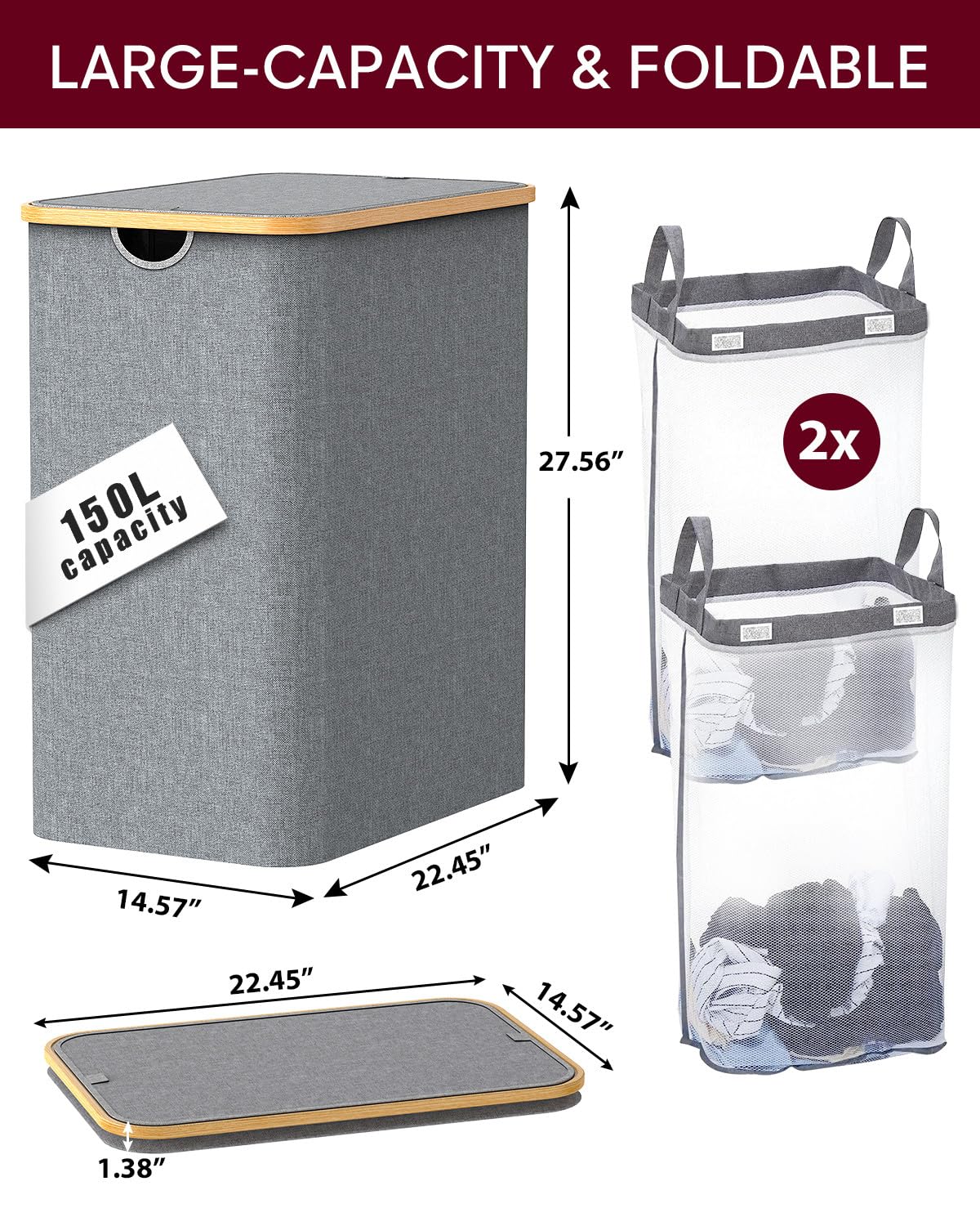 150L Double Laundry Hamper with Lid - CHAMUTY Dirty Clothes Hamper, Collapsible Laundry Baskets, Tall and Slim Design, Perfect for Dorm and Bedroom Use (Grey)