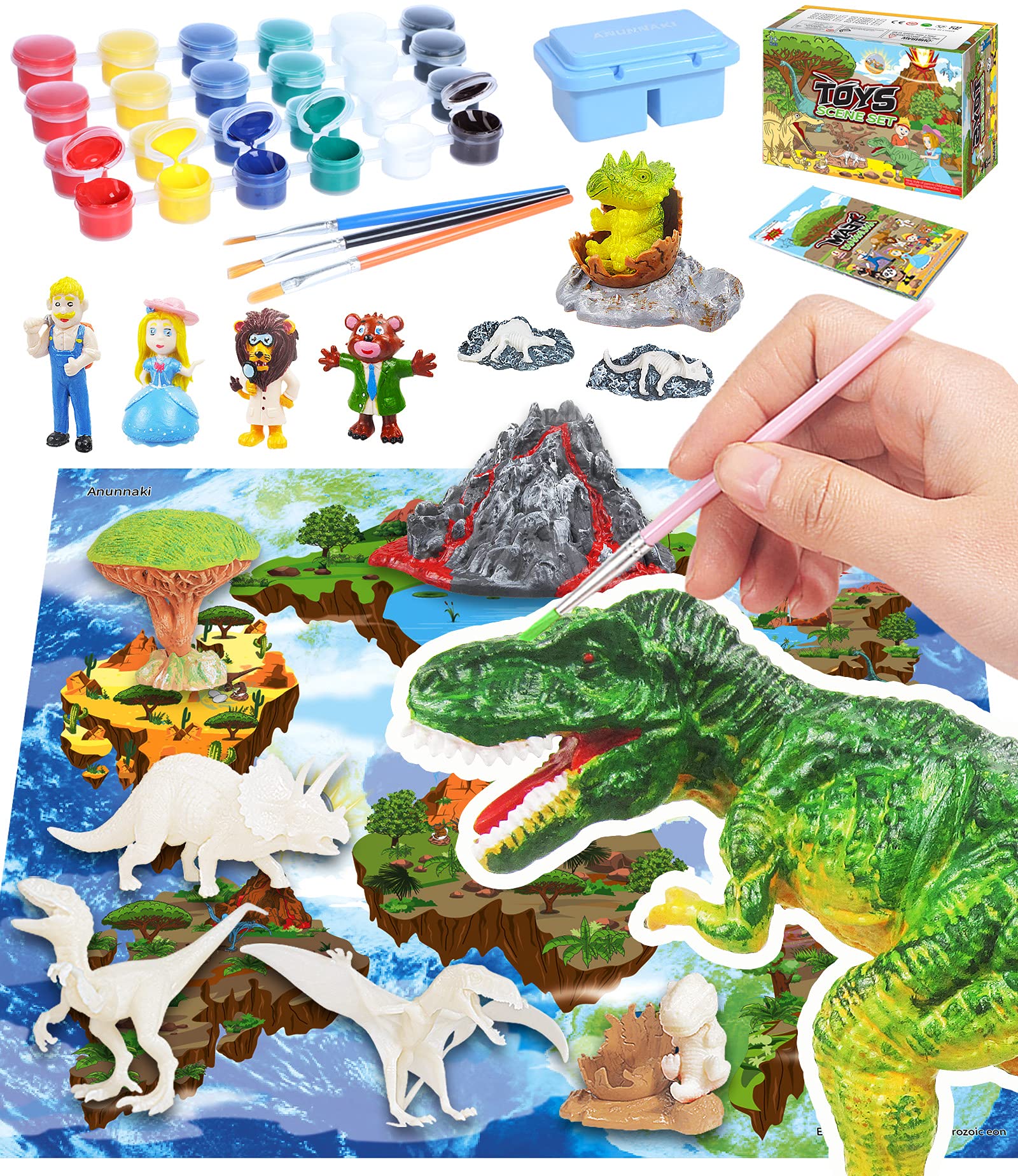 45 Pcs Dinosaur Painting Kit Toys for Kids Arts and Crafts Kit - Paint Your Own Dinosaur Toy Party Supplies Toy Dinosaur Figures W/Play Mat, Kid Paint Dino Toy Set Creativity Gift for Girl Boy Age 3+