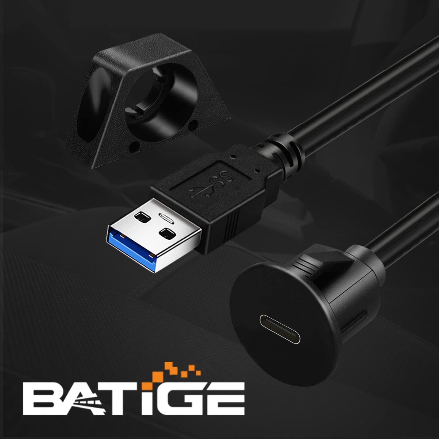 BATIGE Small USB 3.0 Male to Type C 3.0 Female Car Flush Mount Cable USB C 3.0 Panel Mount Extension Cable for Car Truck Boat Motorcycle Dashboard 3ft
