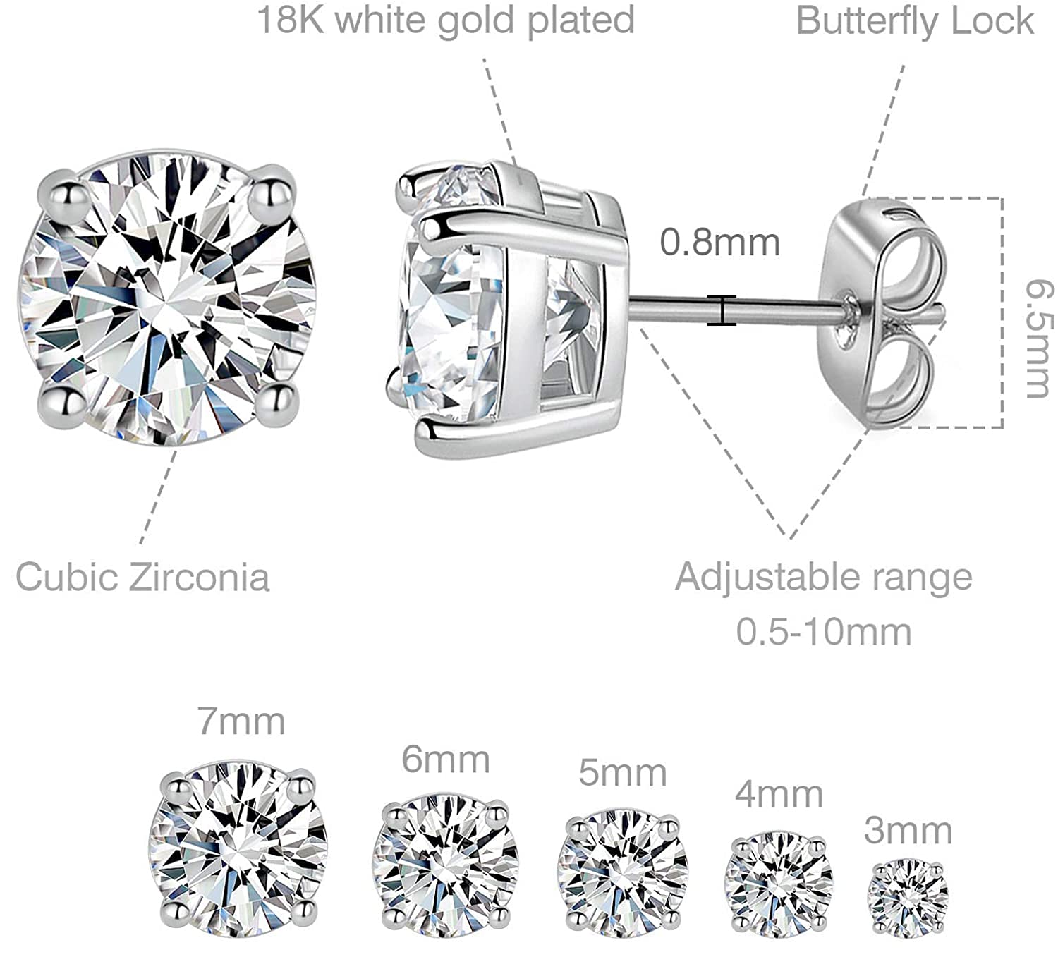 18K Gold Plated 4 Prong Graduated Round Clear Cubic Zirconia Stud Earring Set for Women (5 Pairs) (A-white gold plated)