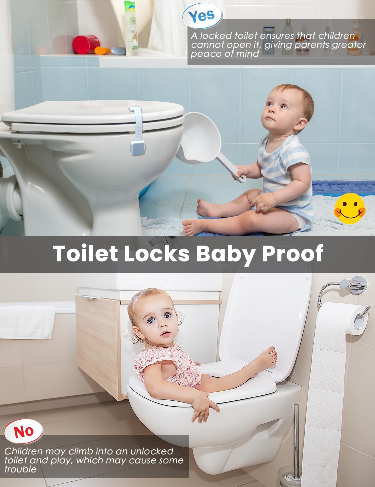 2 Pack Baby Proofing Safety Locks for Cabinet Drawer Fridge Oven Dishwasher Doors, Toilet Seat & Lid, Adjustable Furniture Latches and Straps, 3M Adhesive No Drilling and Button Unlock Design