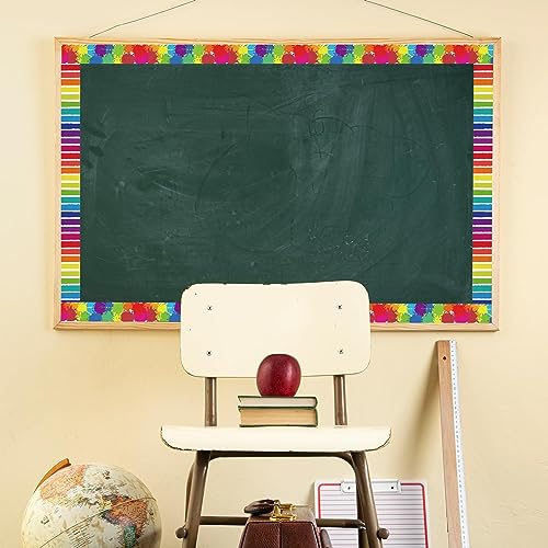 52ft Bulletin Board Border Decorations - 2 Rolls Rainbow Stripes Straight and Ink-Splashing Rolled Border Trim for School Classroom Bulletin Board Chalkboard Decor