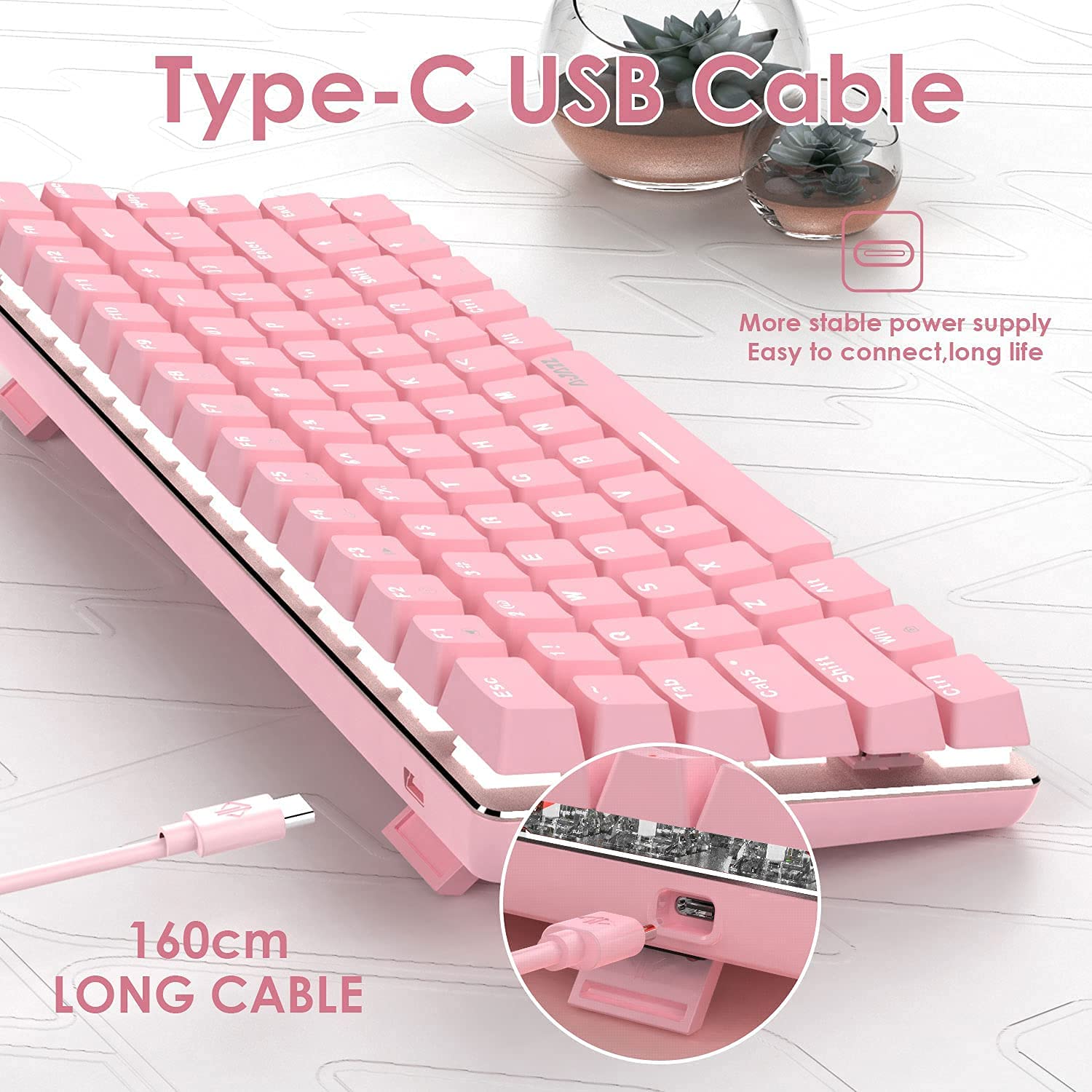 FELICON Pink Mechaincal Gaming Keyboard and Mouse Pad Combo Blue Switches USB Wired White Backlit Compact 82 Keys Anti-ghosting,Compatible with Windows PC Laptop Mac Game Office