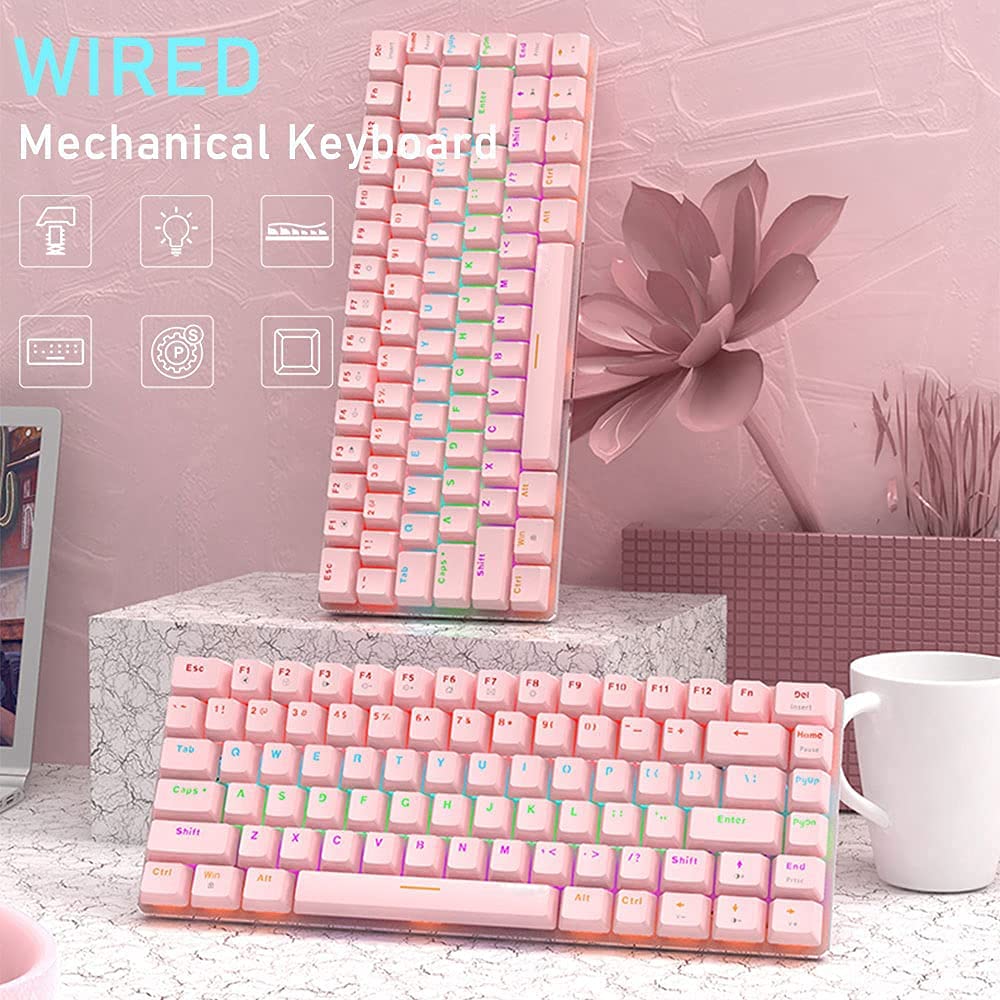 FELICON Wired Mechanical Gaming Keyboard, 82 Keys Compact Rainbow Blacklight Keyboard with Blue Switch, Small and Portable Compatible with Windows PC Laptop Mac Game Office