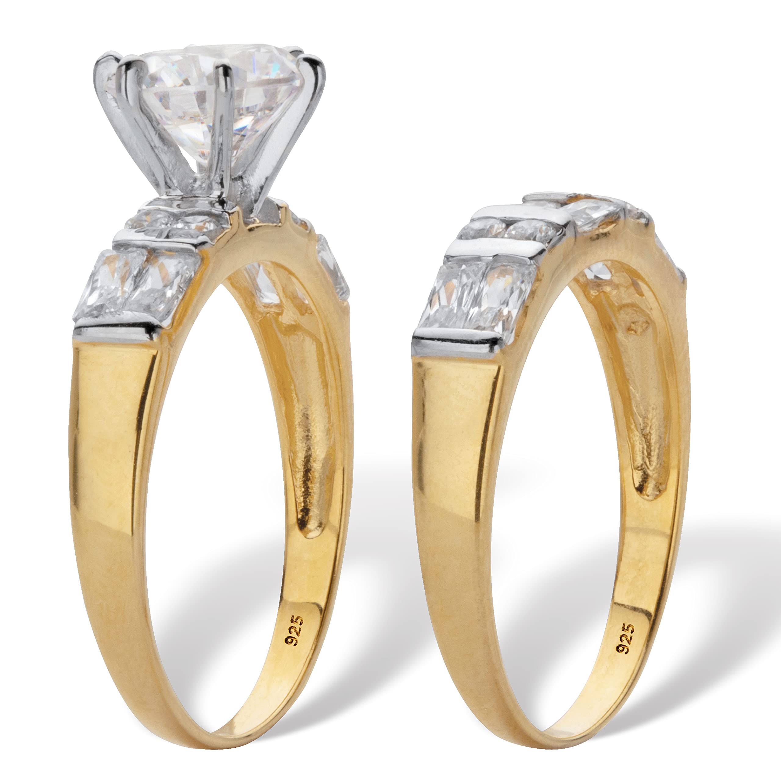 18k Gold-Plated or Platinum-Plated Sterling Silver Two Tone Round and Emerald Cut CZ 2 Piece Bridal Ring Set Size 7