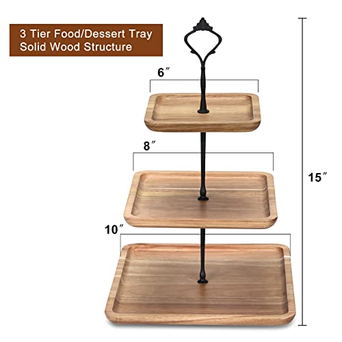 3 Tier Square Cupcake Stand Acacia Wood Serving Stand Wooden Three Tiered Cake Stand Dessert Stand for Party Wedding 3 Tier Tray Farmhouse Cup Cake Holder Display Stand