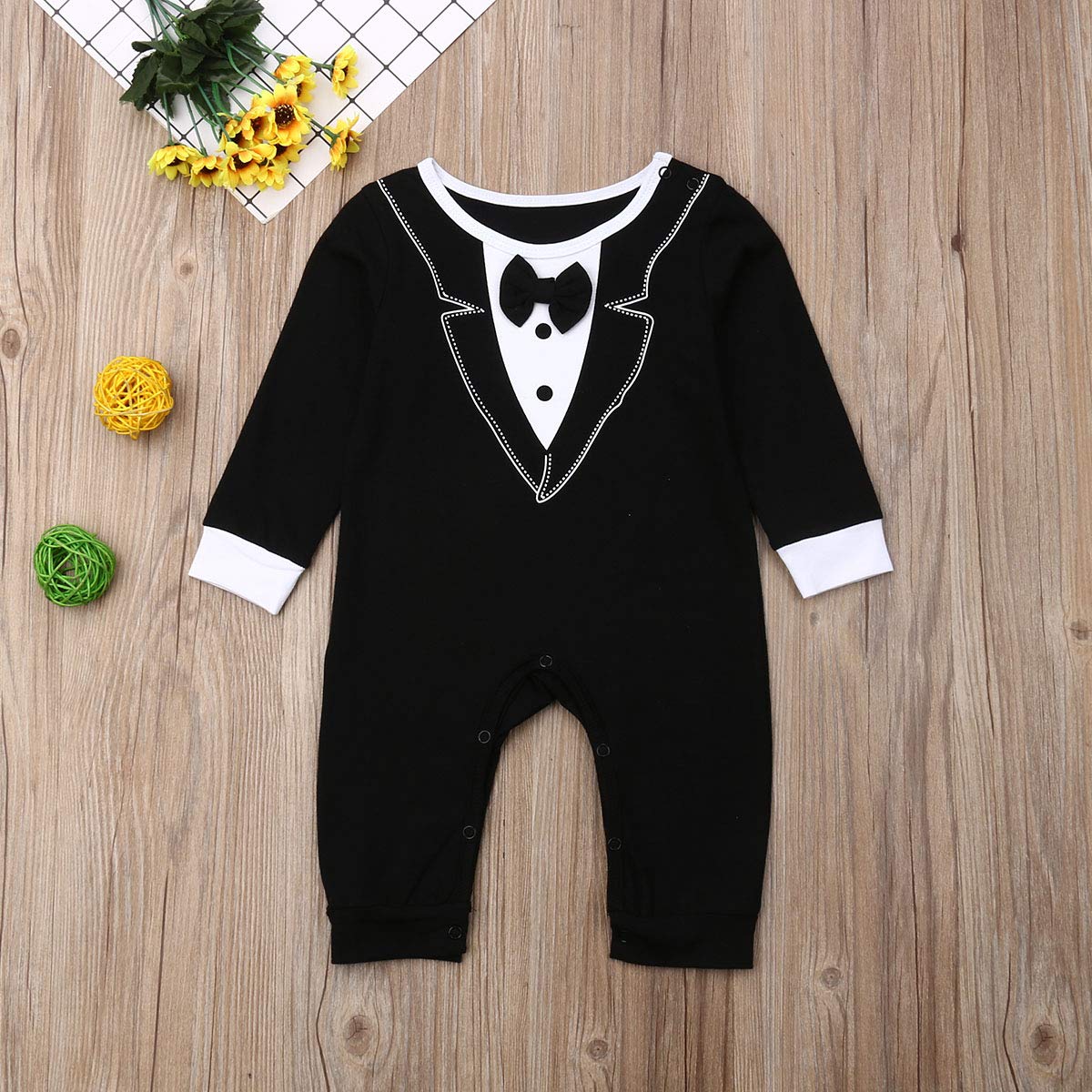Baby Boy Gentleman Shirt Bowtie Romper Tuxedo Jumpsuit Overall Black Suit Clothes 0-18M (Black, 0-6 Months)