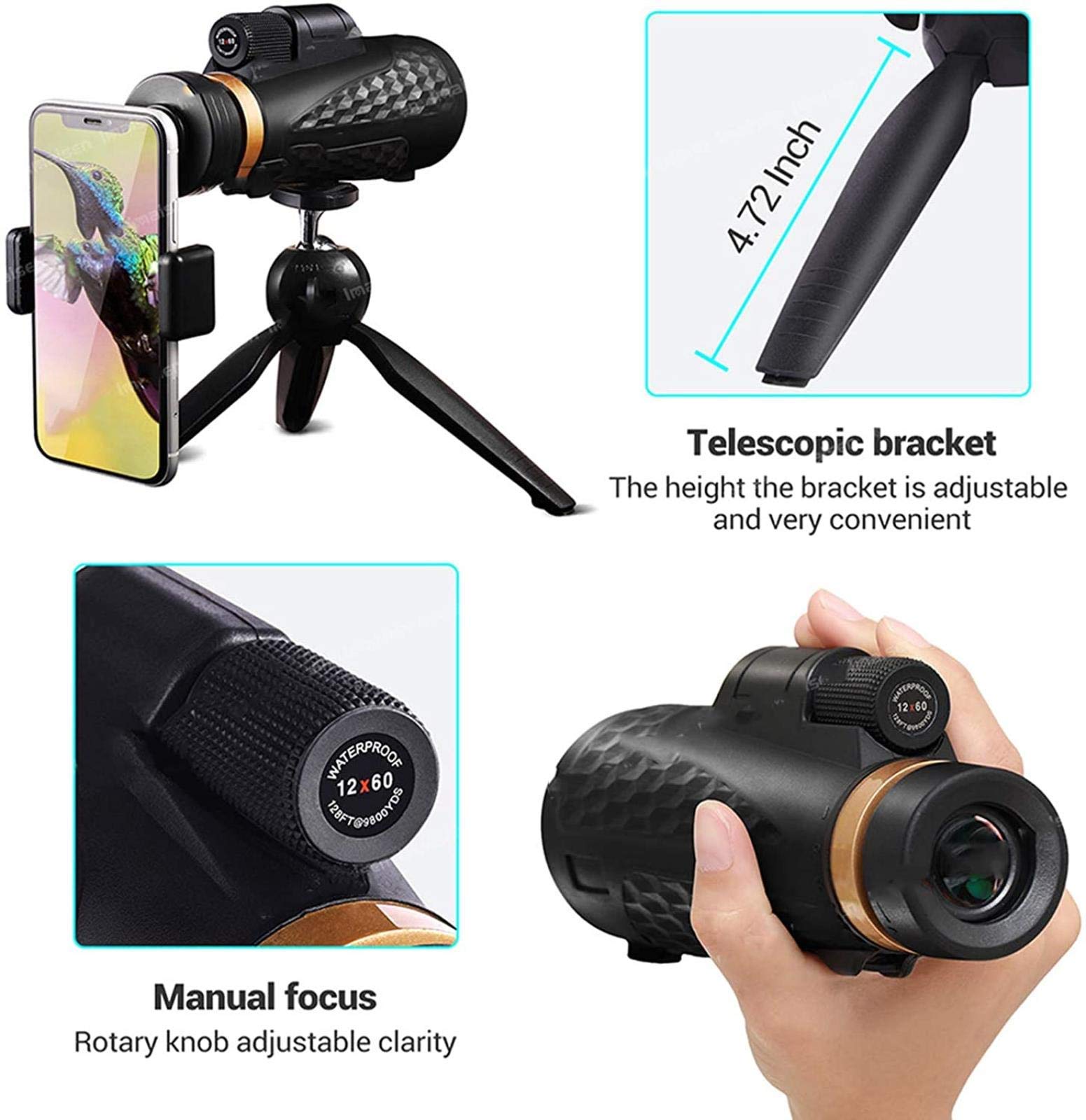 18x62 High Power BAK4 Prism FMC Lens Monocular Compact Life Waterproof Monocular with Smartphone Adapter and Tripod for Adult Bird Watching, Outdoor Hunting