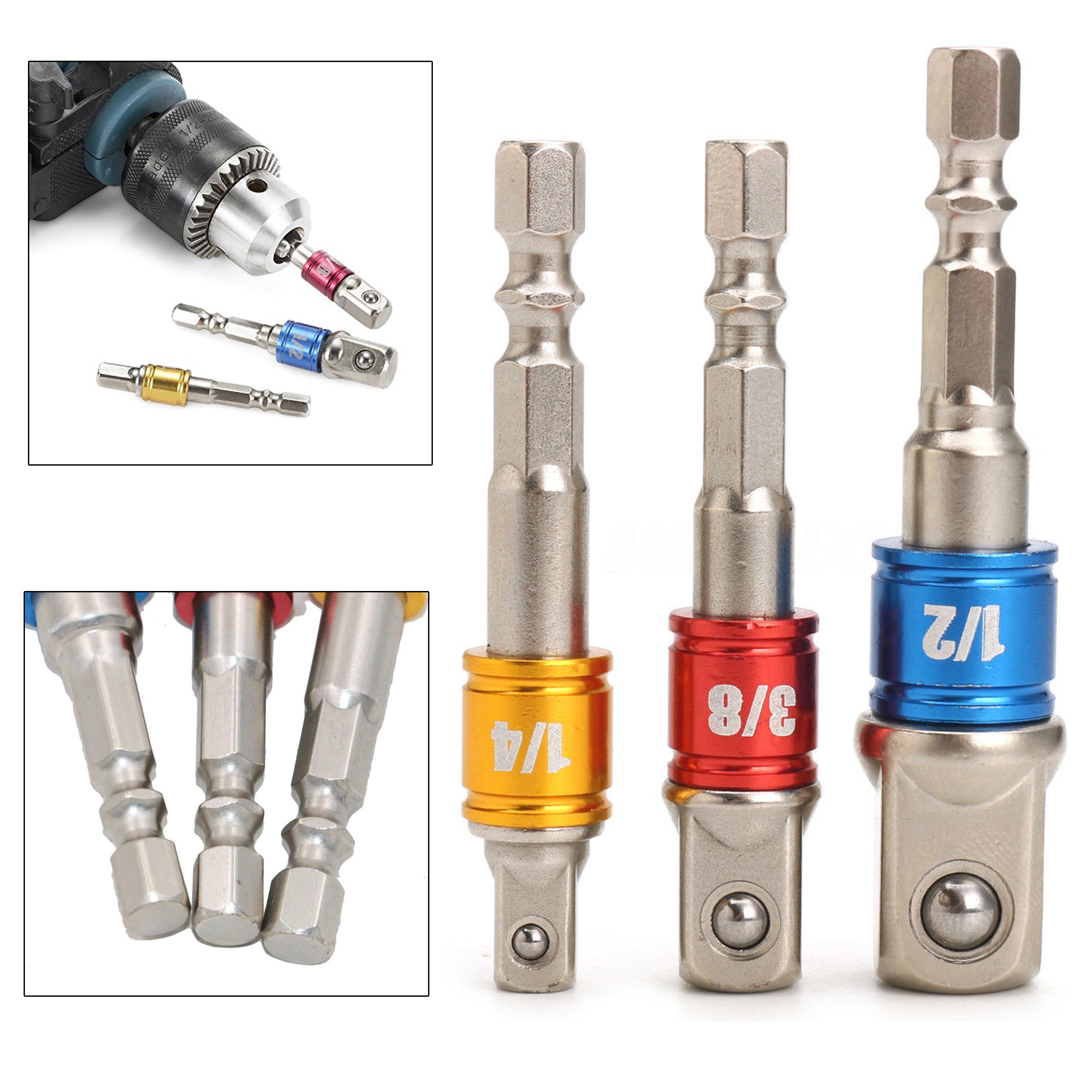 ACENIX 3 Pcs Set Power Hand Tools Driver Extension Socket Adapter Sets, 3Pcs 1/4" 3/8" 1/2" Hex Shank Bit Square Nut Driver Set Power Drill Cordless Impact Sockets Bit Set Adapter