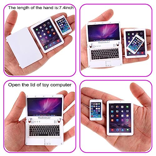 27 Pieces Dollhouse Mini Laptop Tablet and Smart Phone Newspaper Book Miniatures Hamburger Cake Coffee Juice Trolley case DIY Play Game Party Toys Accessories (White Set)