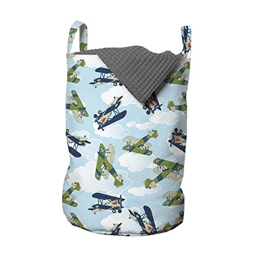 Lunarable Airplane Laundry Bag, Vintage Allied Plane Flying Pattern Cartoon Shark Teeth, Hamper Basket with Handles Drawstring Closure for Laundromats, 13" x 19", Blue White Olive Green