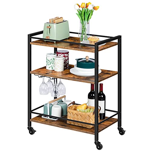 HOOBRO Bar Cart for The Home, Serving Cart with Wine Glass Hooks, Rolling Kitchen Cart with Lockable Wheels, 25.2 x 15.7 x 33.3 Inches Beverage Cart with Storage Shelves, Rustic Brown BF02TC01