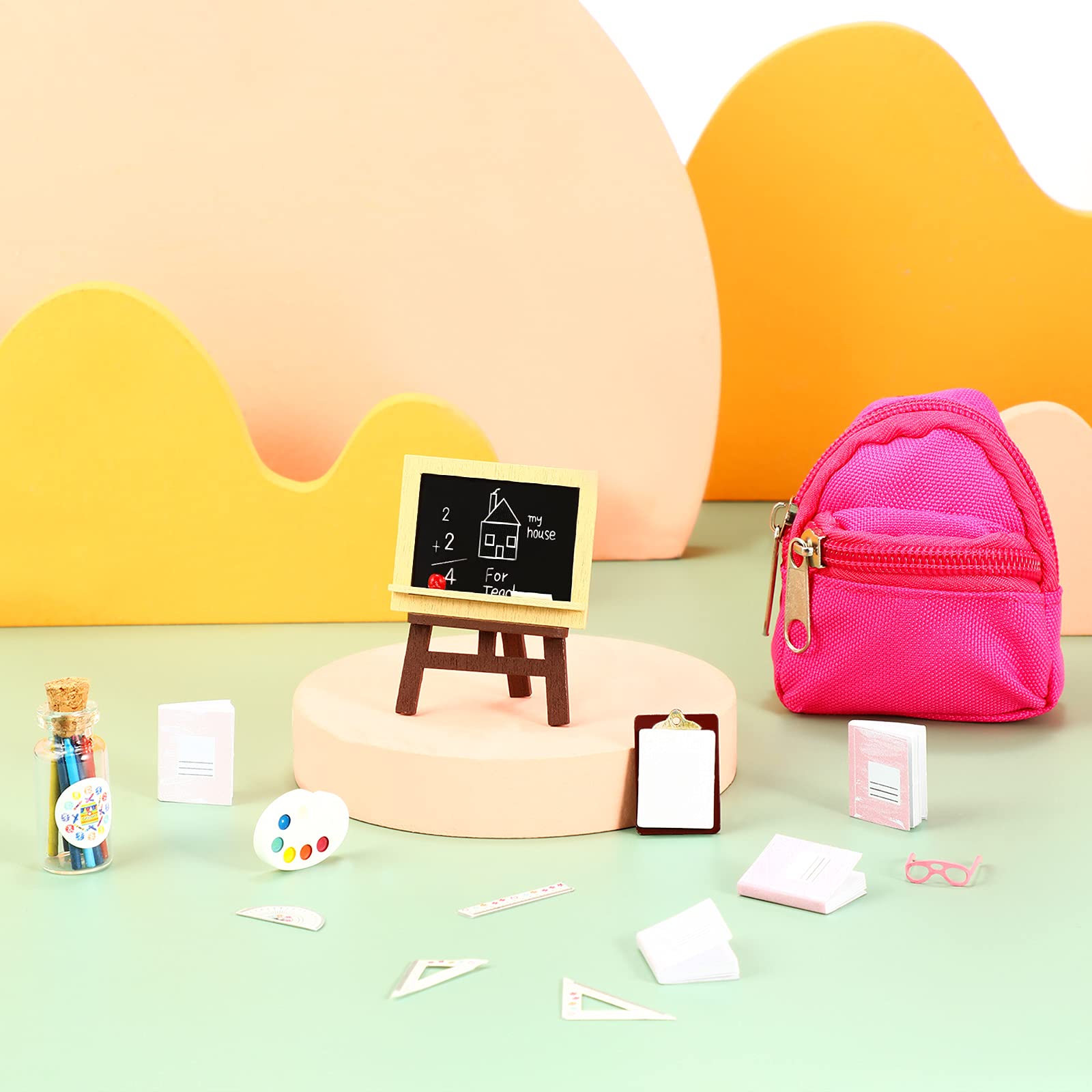 14 Pieces Mini Doll School Supplies for 11.5 inch Doll, Includes Mini Doll Backpack Glasses Blackboard Miniature Books Paper Clipboard Pencil Doll Rulers Doll Accessories(Cute Style)