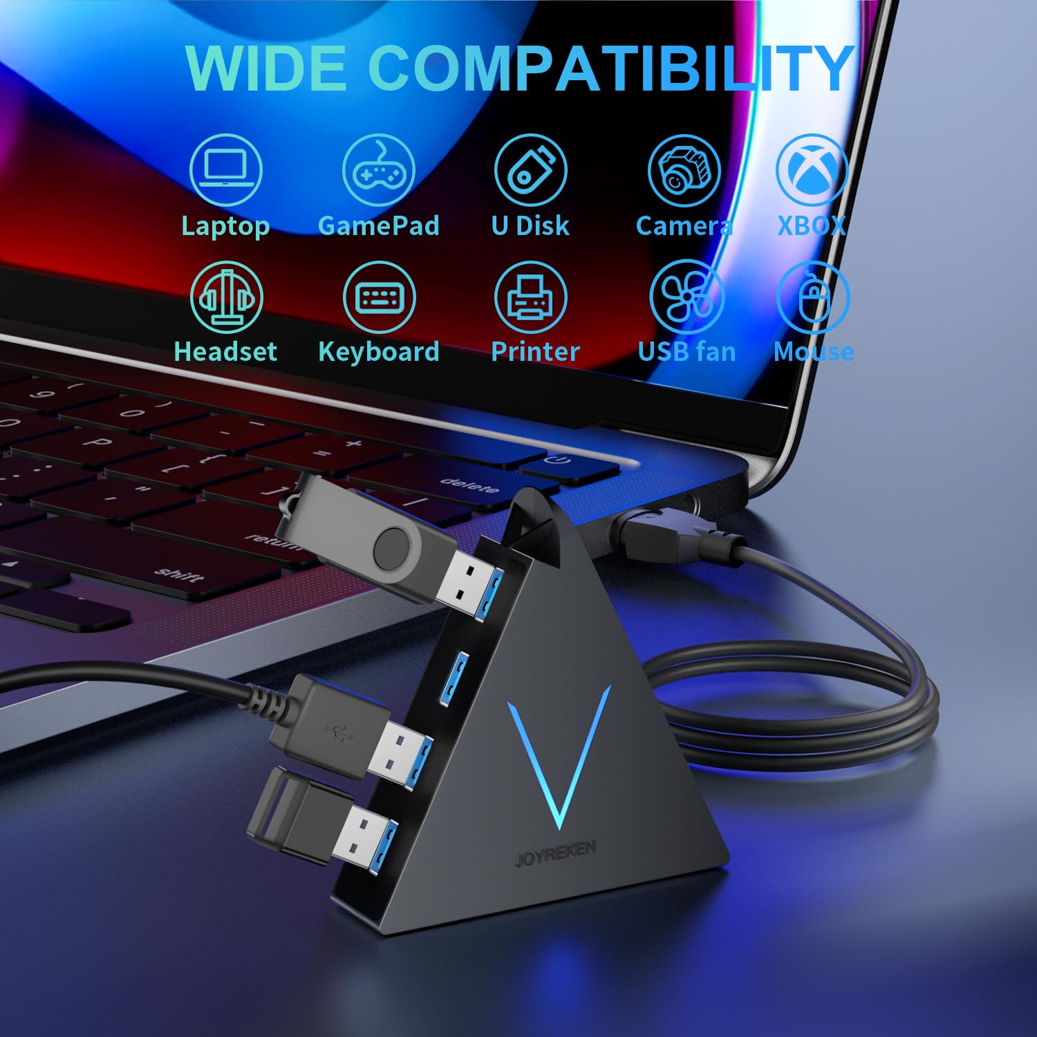 JoyReken 4-Port USB 3.0 Hub, FlyingVHUB USB Hub Tower with 2 ft Extended Cable,USB Splitter for Laptop,PC,PS4,PS5,Xbox,Mouse,Keyboard, Flash Drive, U-Disk (Black)